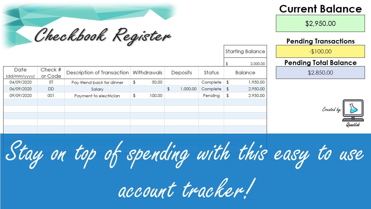 Checkbook Register - Google Sheets Spreadsheet, Account Tracker, Log ...