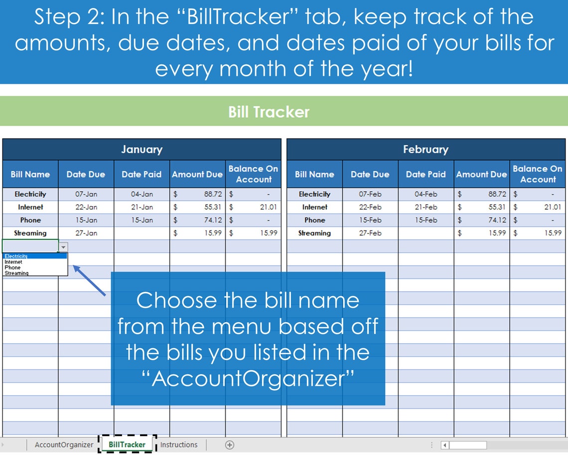 Bill Tracker and Organizer - Excel Spreadsheet, Payment Planner, Bill ...