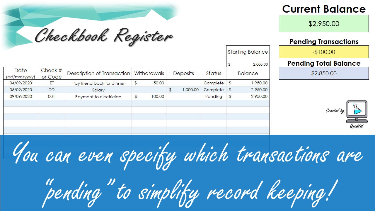 Checkbook Register - Excel Spreadsheet, Account Tracker, Log, and ...