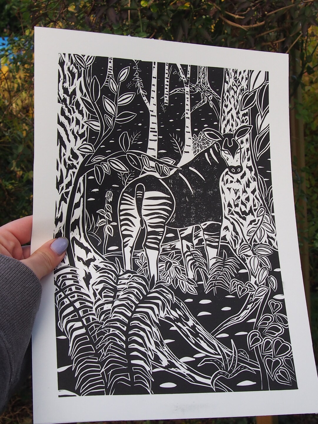 Okapi Lino Cut Print, A4 Black Wall Hanging Illustration - Etsy
