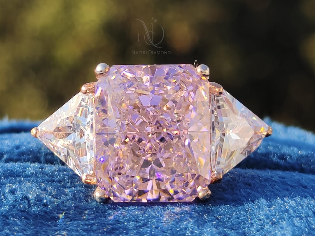 Pink Radiant Cut Moissanite Engagement Ring: 14K Rose Gold Trillion ...