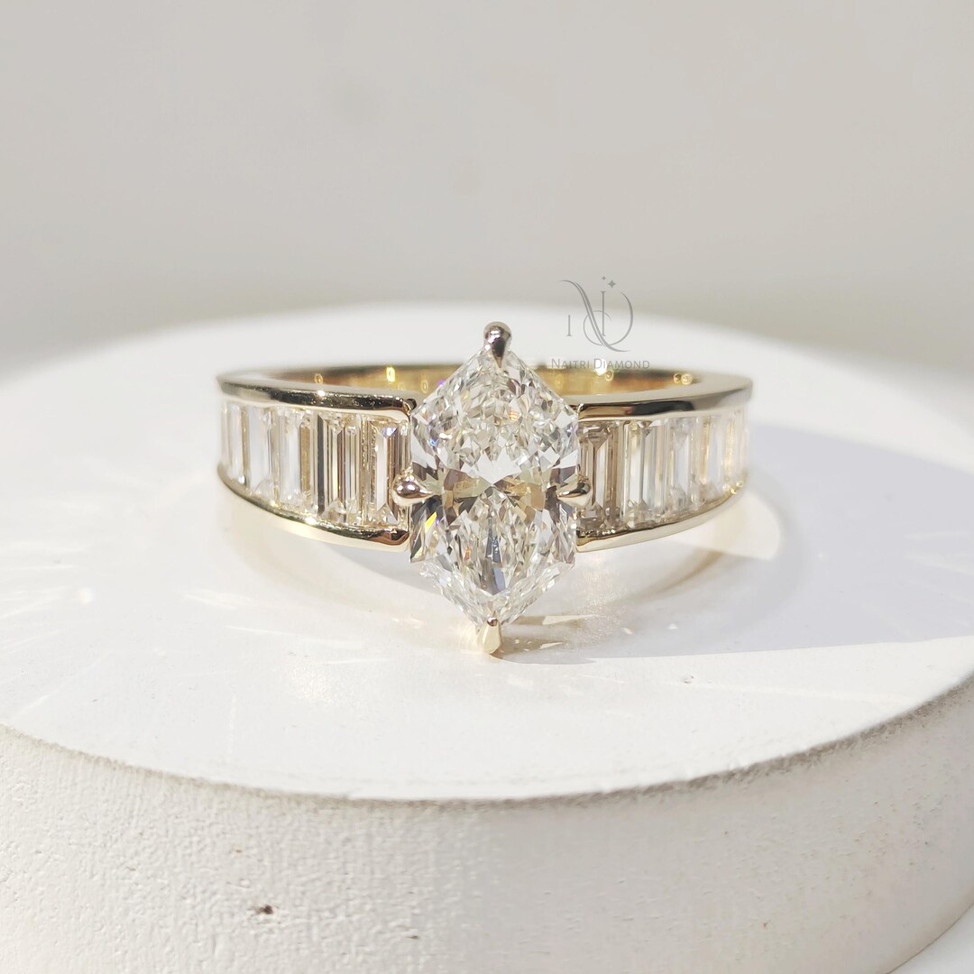 Dutch Marquise Moissanite Engagement Ring 14K Gold | Baguette Channel ...