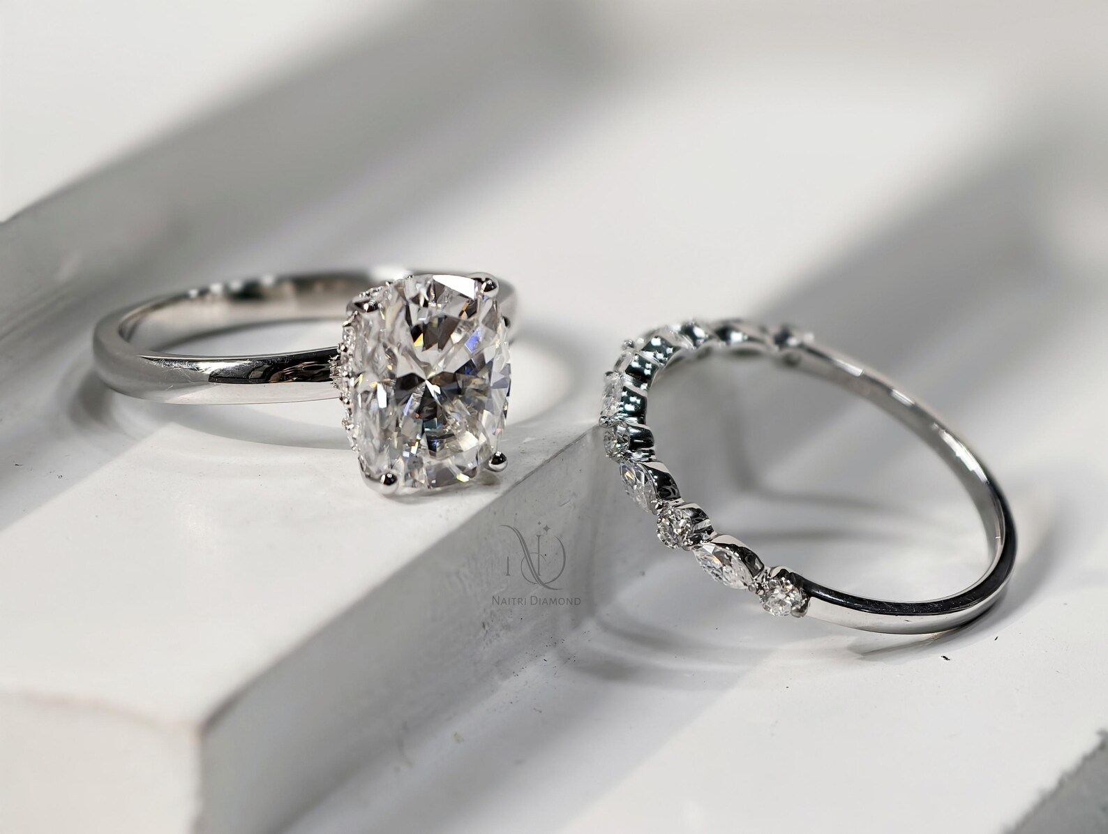 2 CT Elongated Cushion Cut Moissanite Bridal Set | 14K Gold Halo ...