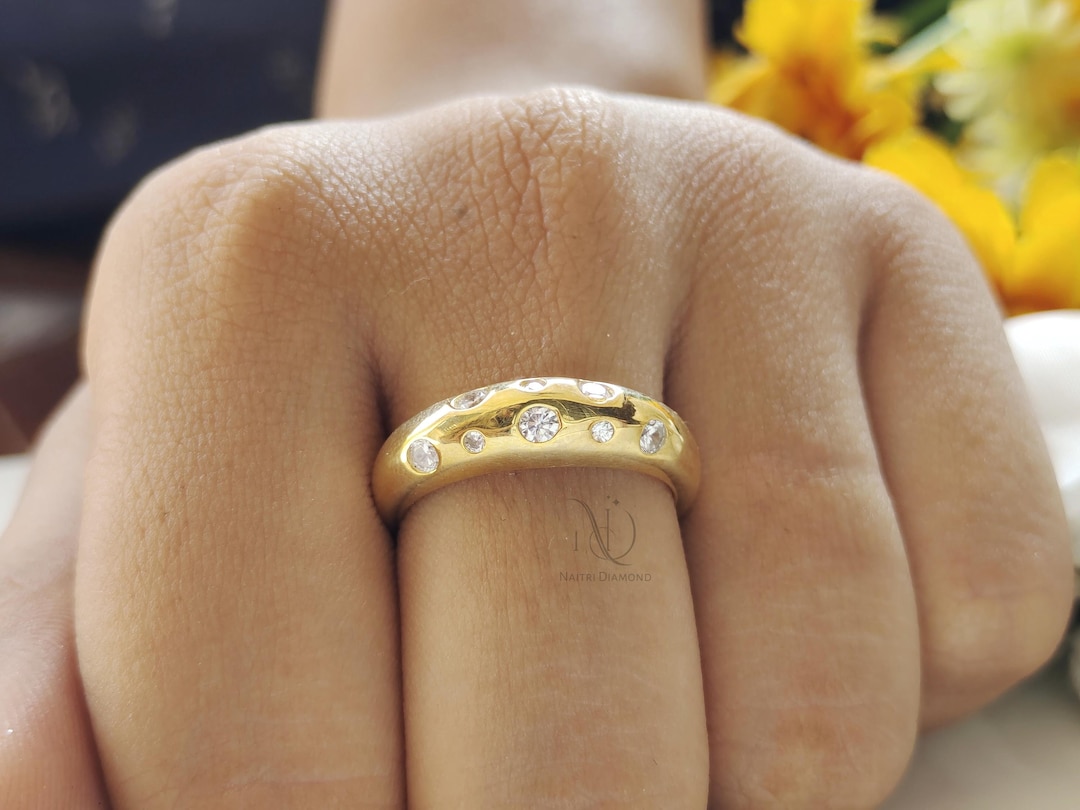 Round Flush Set Moissanite Ring, 14K Gold Thick Band Statement Ring ...