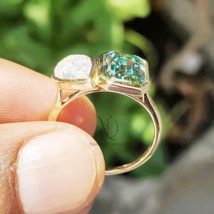 Bezel Set Toi Et Moi Engagement Ring, 14K Gold Pear Emerald Moissanite ...