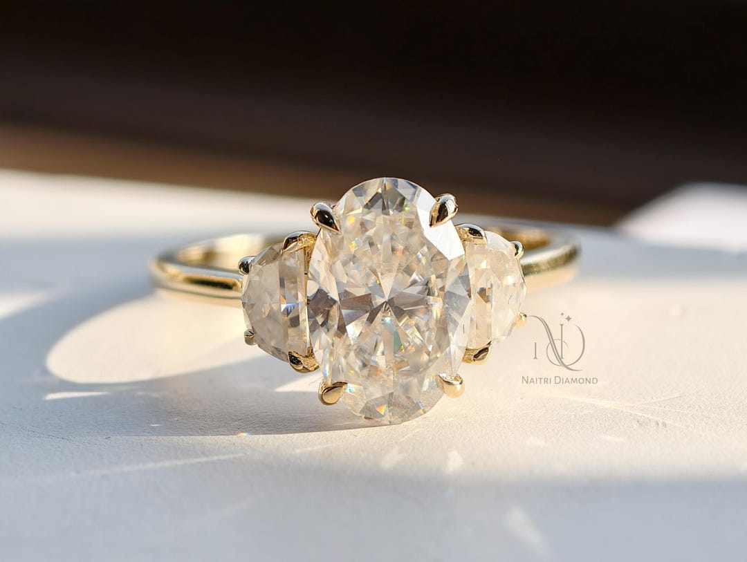 Oval and Crescent Cut Three Stone Ring, 14K Yellow Gold Trilogy Ring ...