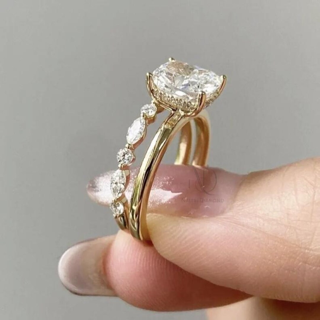 2 CT Elongated Cushion Cut Moissanite Bridal Set | 14K Gold Halo ...