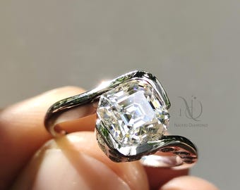 2 CT Asscher Cut Moissanite Engagement Ring, Asscher Cut Three Stone Wedding Ring, 14K Solid ...