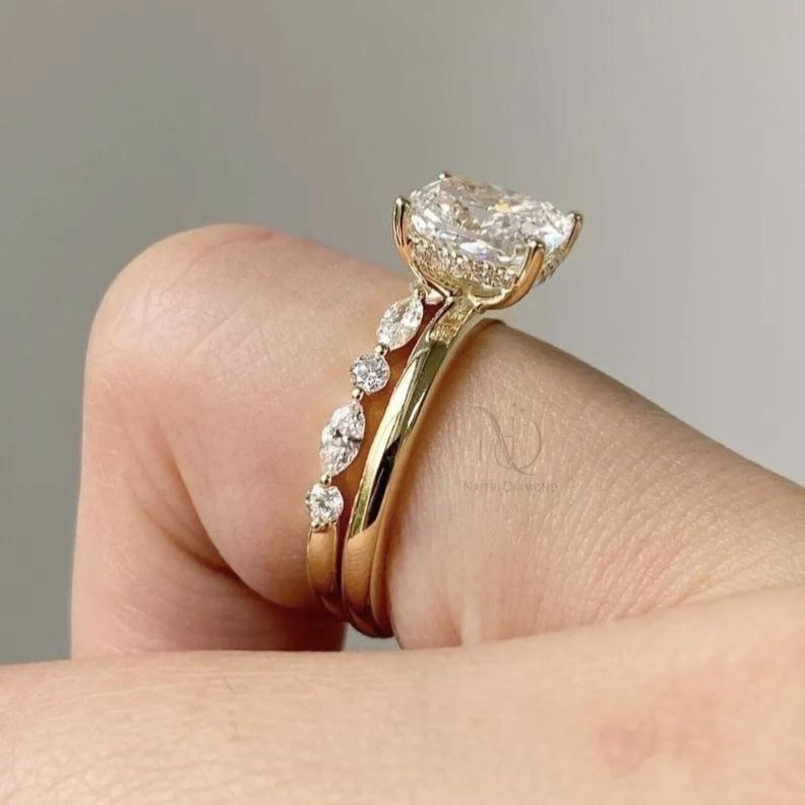 2 CT Elongated Cushion Cut Moissanite Bridal Set | 14K Gold Halo ...