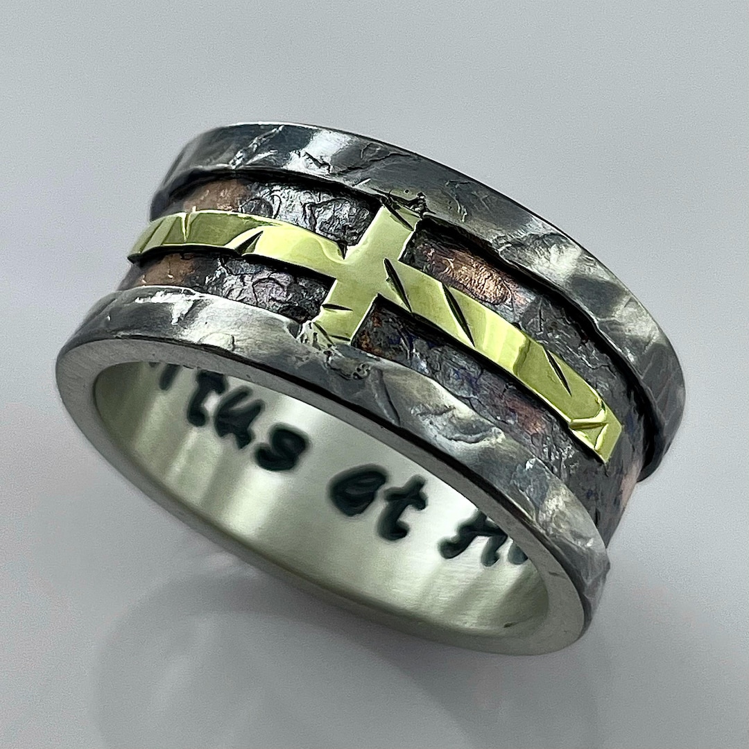 14K Gold Cross Silver Ring, 11mm Rustic Wedding Band, Unique ...