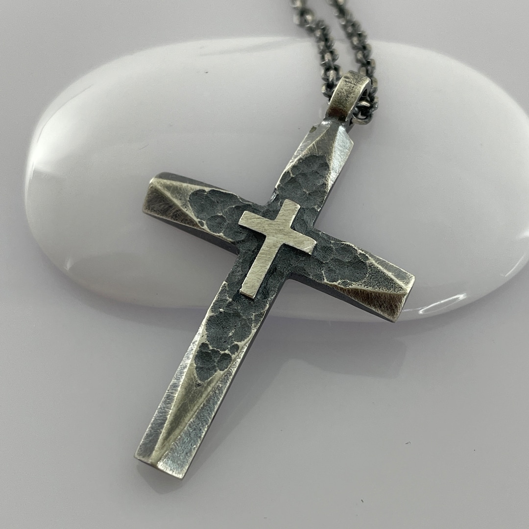 Sterling Silver Cross Necklace: Hammered Antique Style Pendant - Etsy