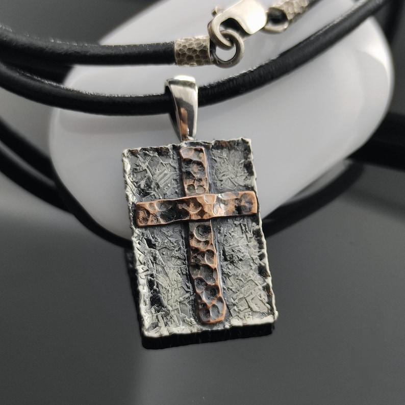 Rustic Hammered Sterling Silver Cross Pendant - Men's Leather Necklace ...