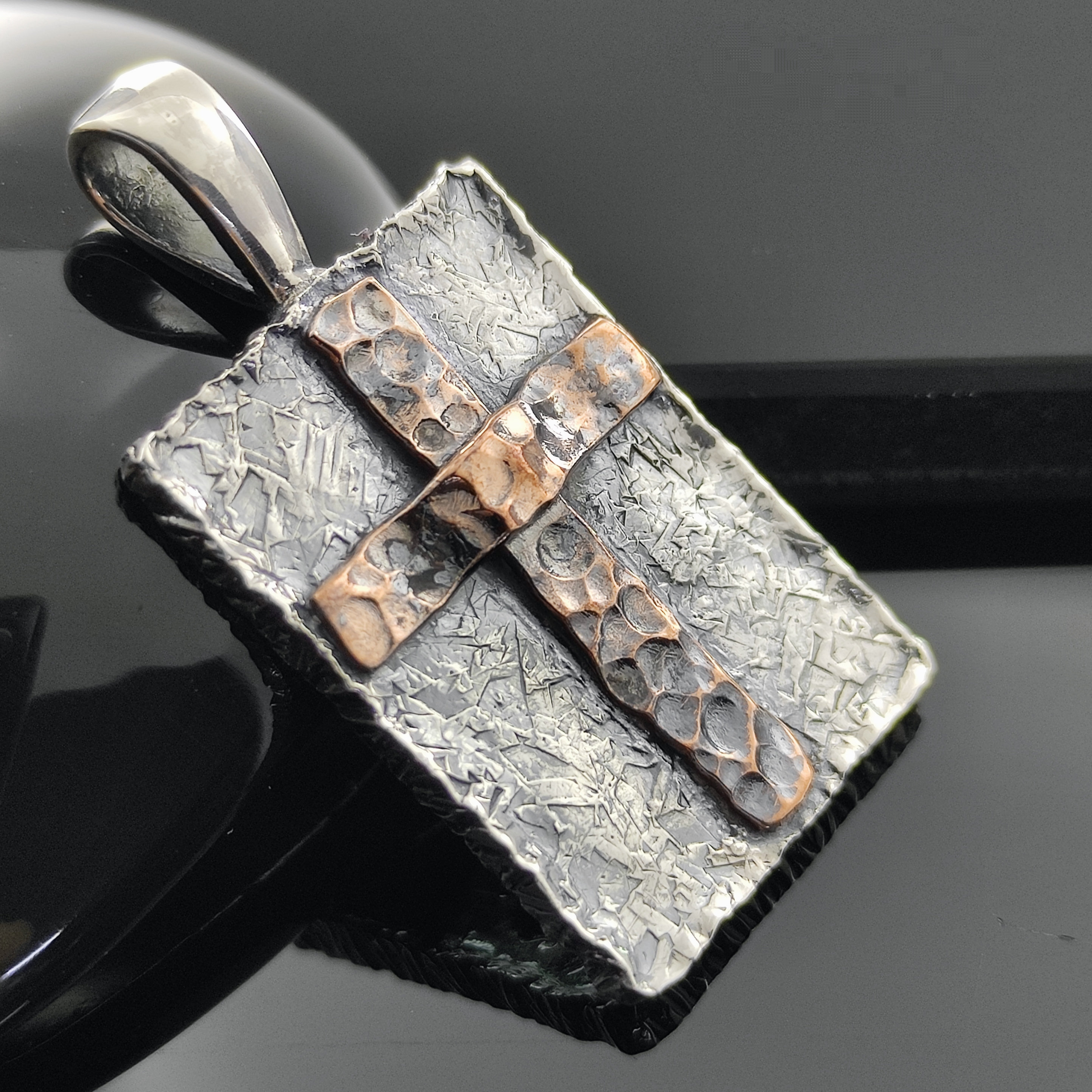 Rustic Hammered Sterling Silver Cross Pendant - Men's Leather Necklace ...