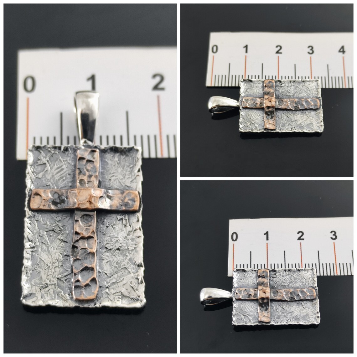 Rustic Hammered Sterling Silver Cross Pendant - Men's Leather Necklace ...