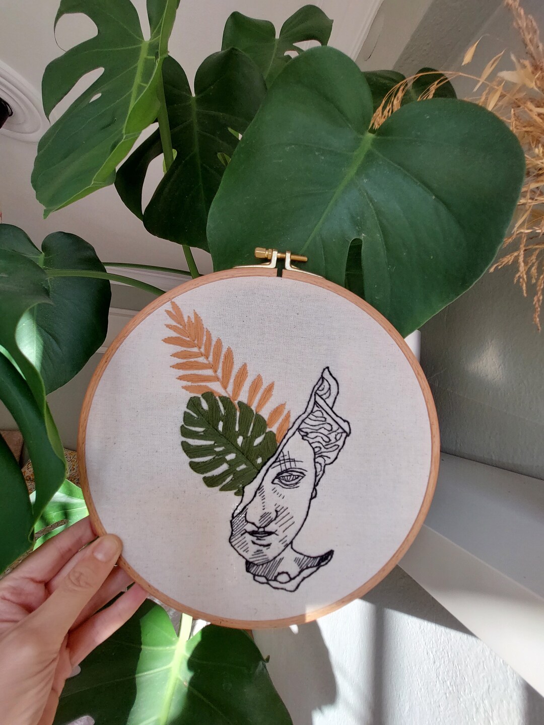 Finished Handmade Embroidered Monstera Leaf & Classical Bust Sculpture ...
