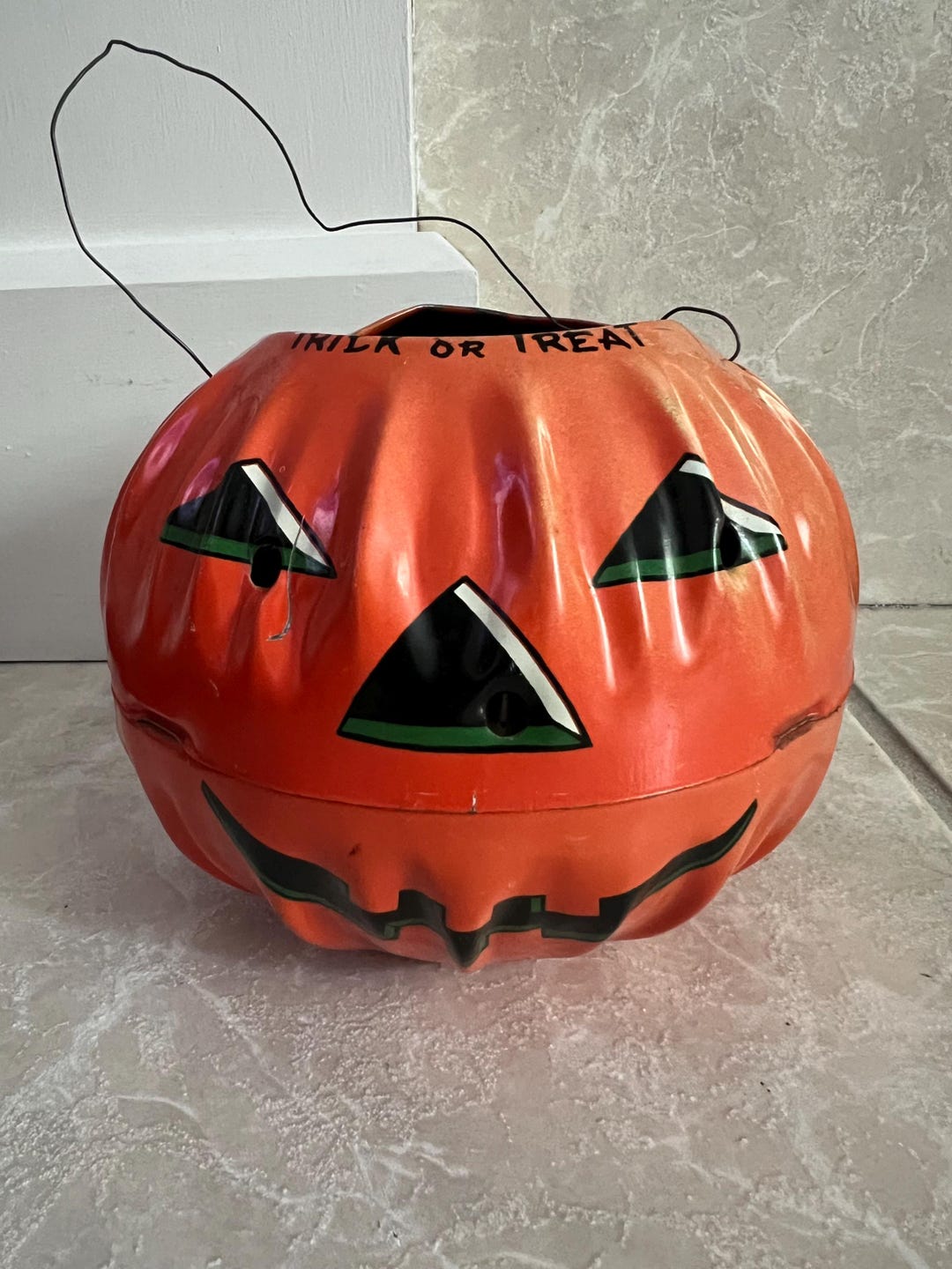 Vintage Halloween Tin Litho Pumpkin Jack O Lantern 1950’s Candy Bucket ...