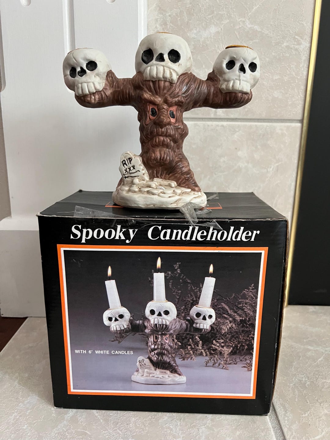 Vintage Halloween Spooky Candleholder Skulls With Tree and Grave ...