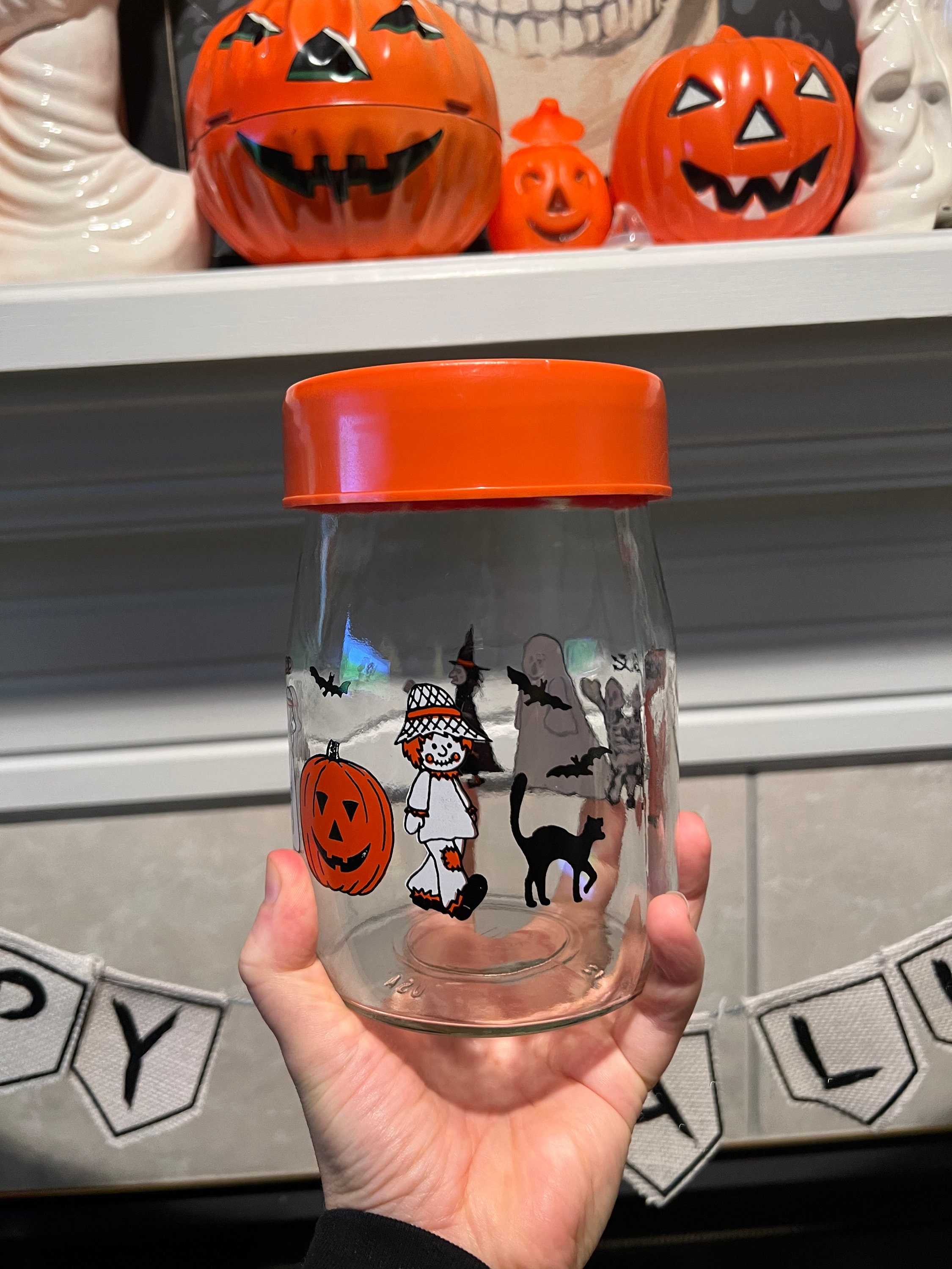 Vintage Halloween Carlton Glass Jar 1L 1980s Ghost Witch Bat Skeleton ...