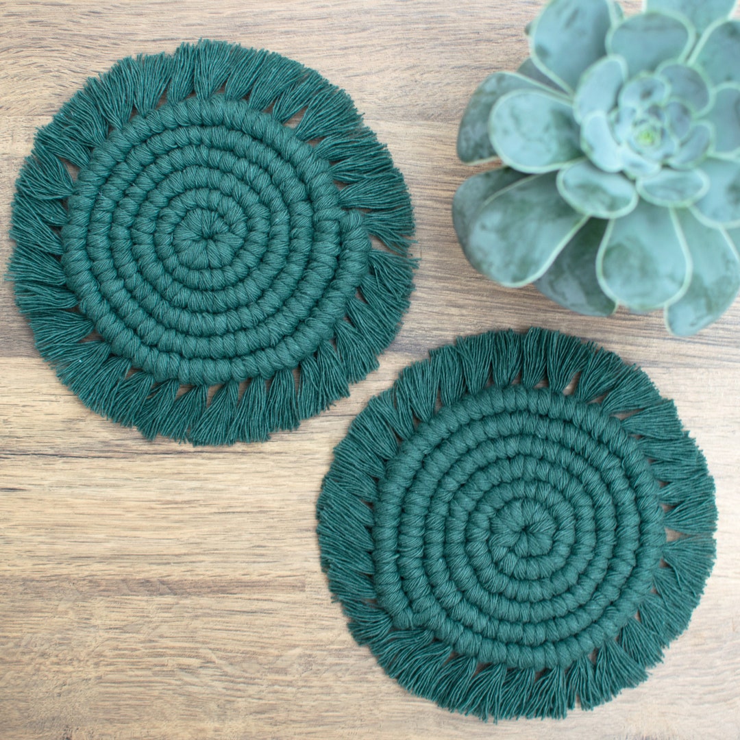 Hygge Office Decor for Women, Forest Green Macrame Coaster, Cute Desk ...