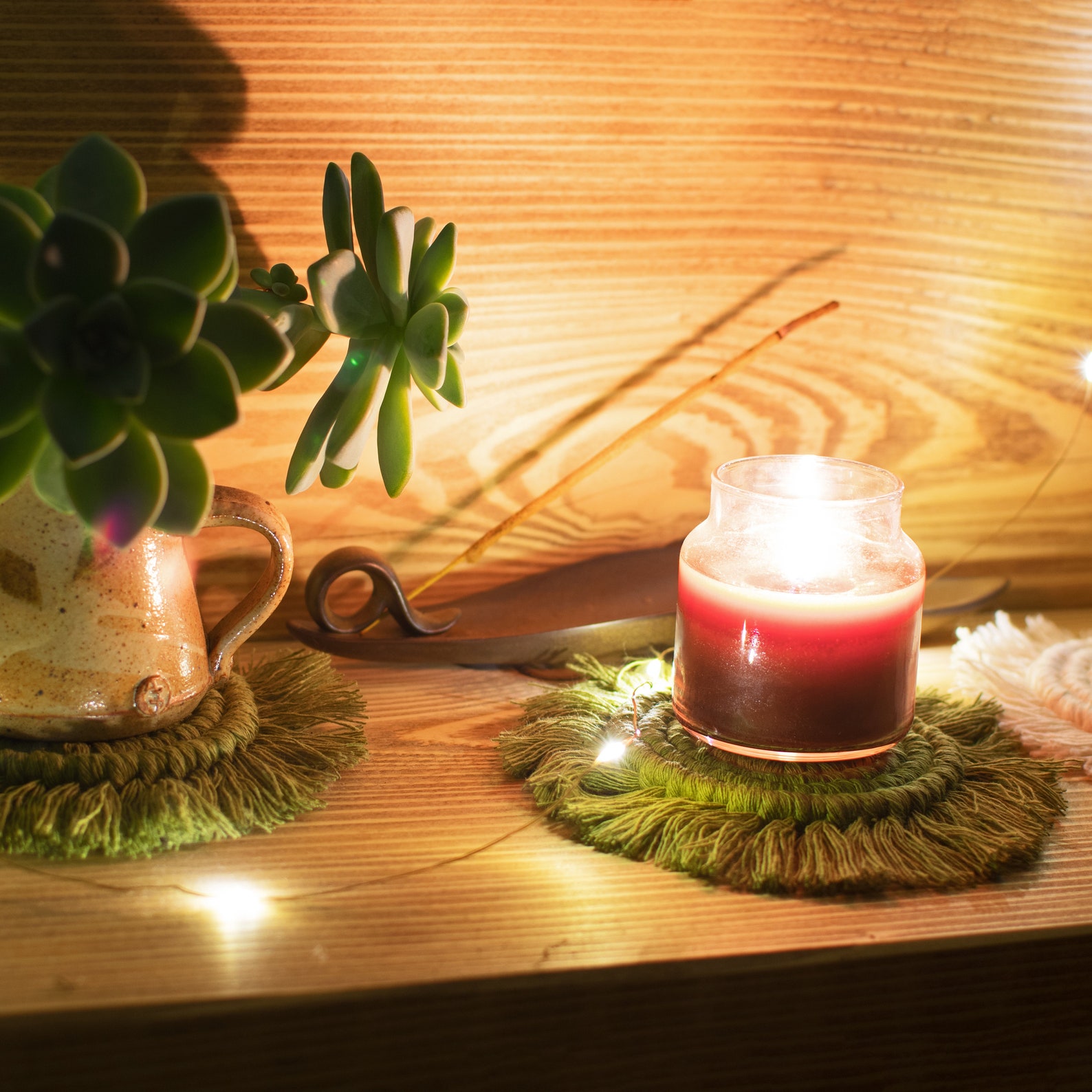 Olive Green Macrame Coaster Sets for Campervan, Motorhome or Canal Boat ...