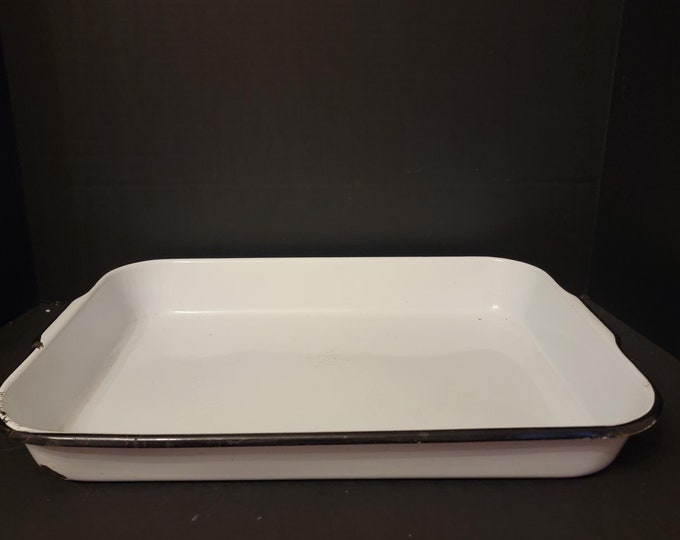 Vintage Large White Enamelware Rectangular Pan Black Trim Porcelain ...