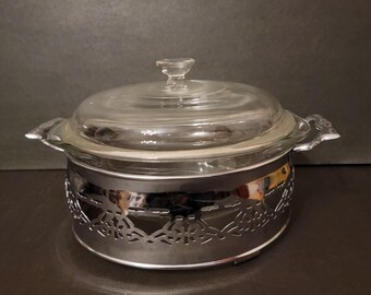 Vintage Pyrex 1 Quart Clear Glass Casserole With Silver Trivet, Early ...