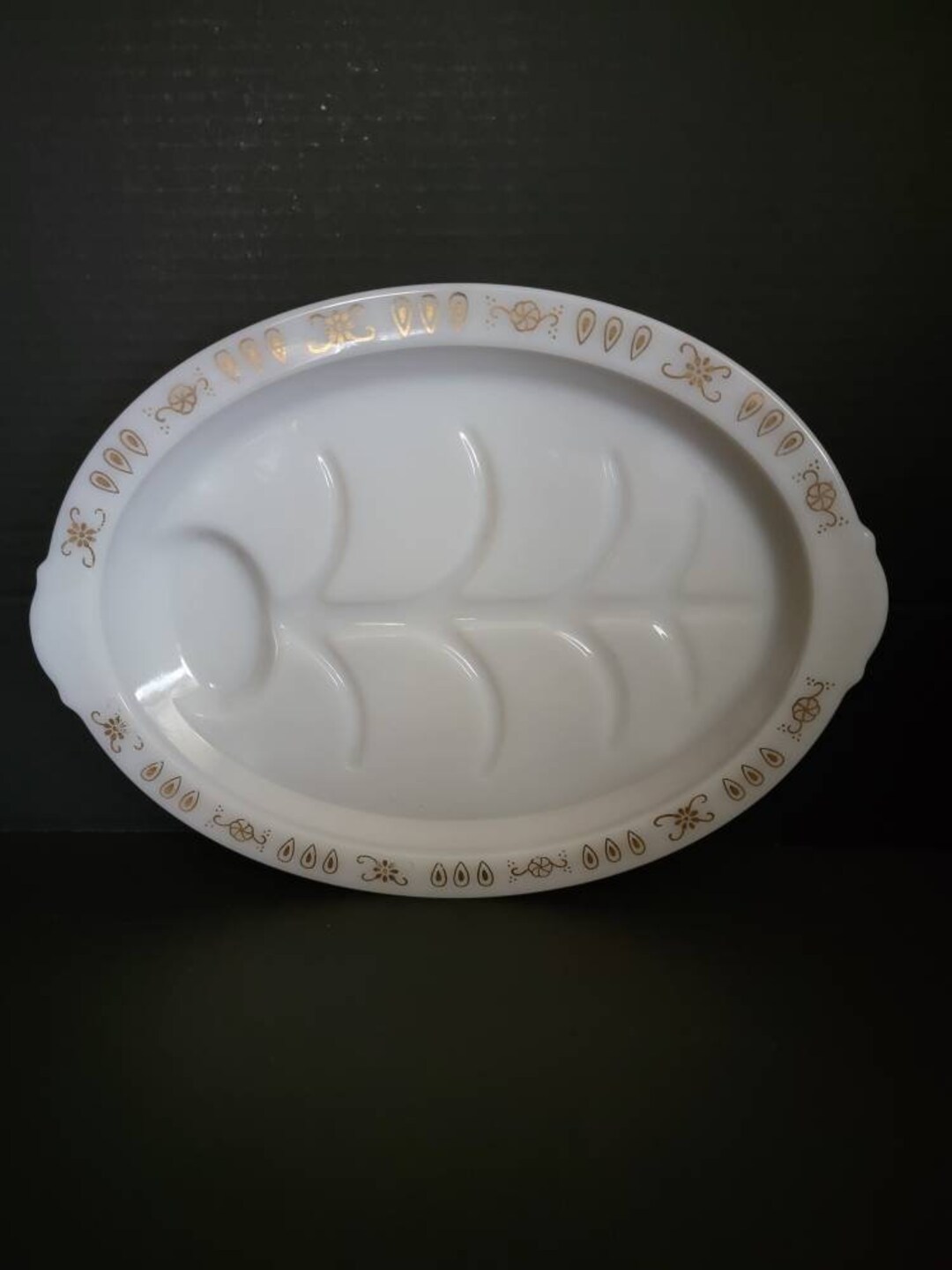 Vintage Fire King Ovenware Meat Platter Carving Serving White W Gold ...