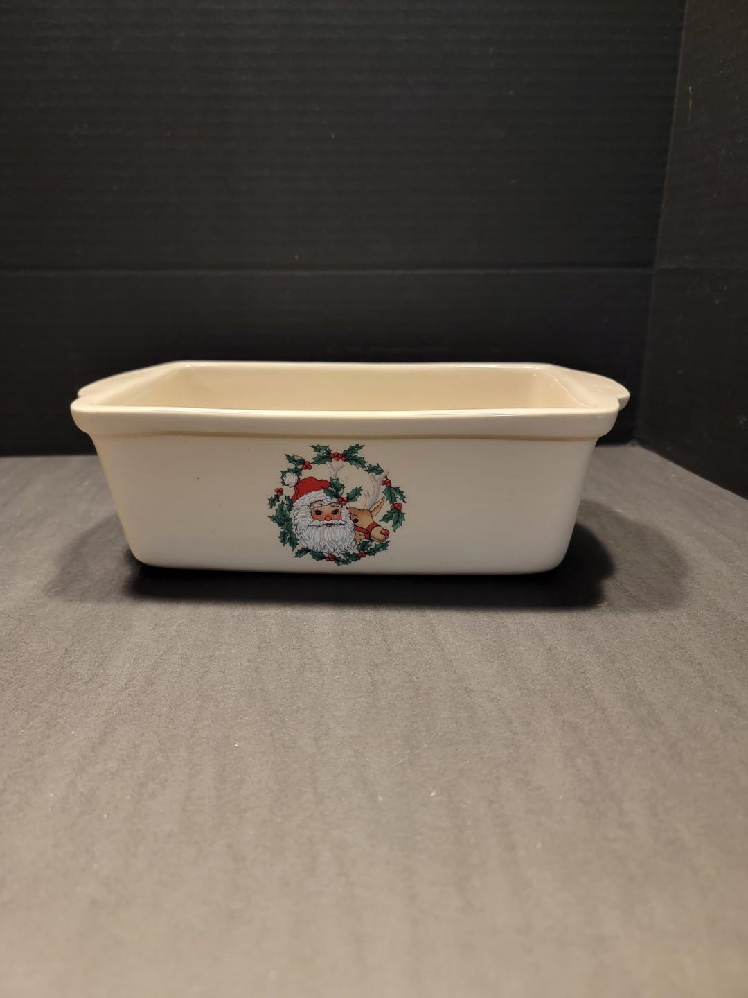Vintage Western Stoneware Loaf Pan W Santa and Rudolph Reindeer Wreath ...
