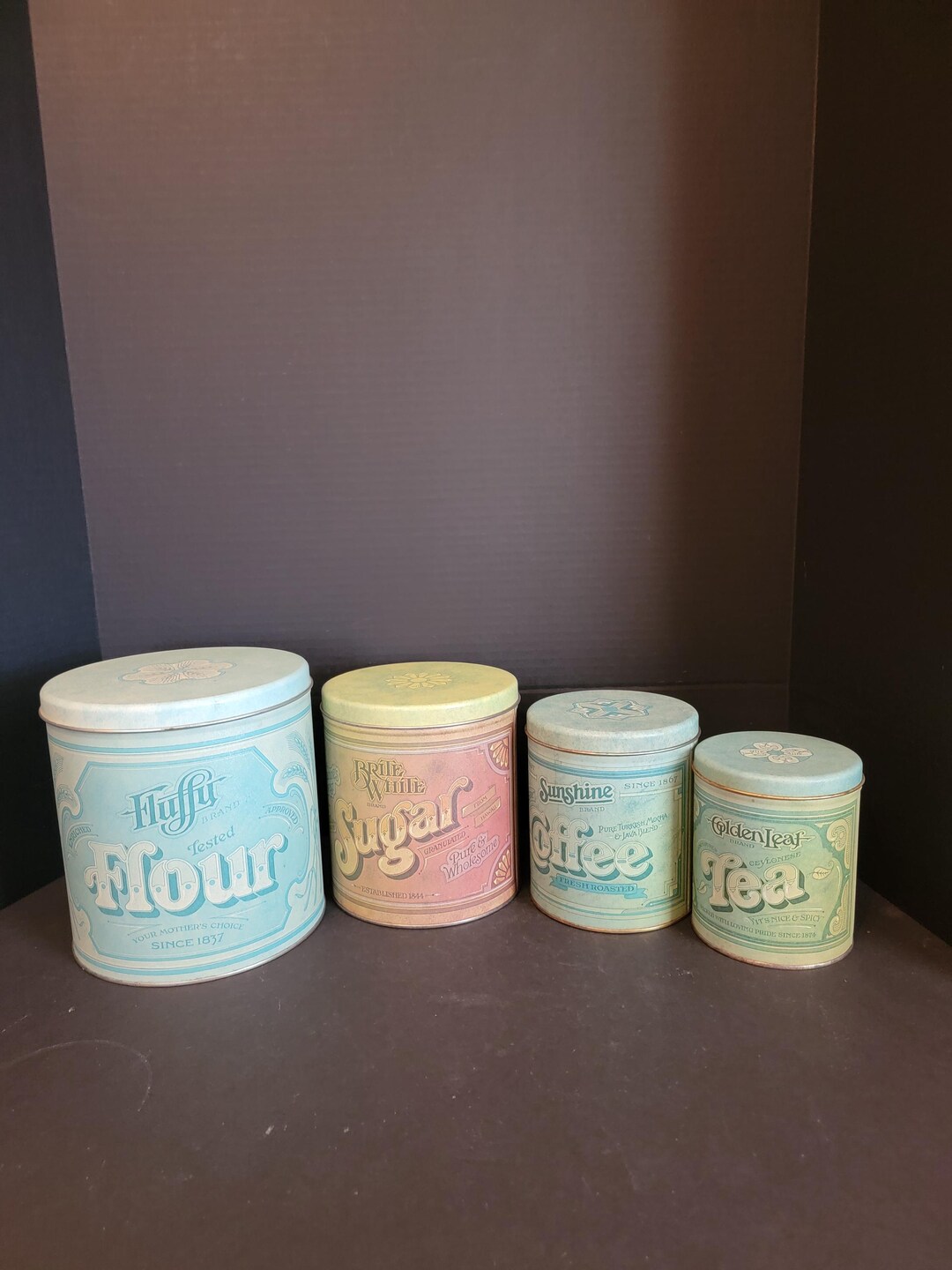 Vintage Fluffy Brand Canister Set Flour Sugar Coffee Tea Nesting Tins ...