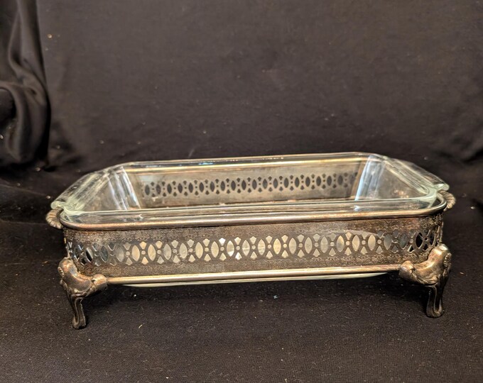 Vintage Fire King Clear Glass Casserole Baking Dish W Silver Metal ...