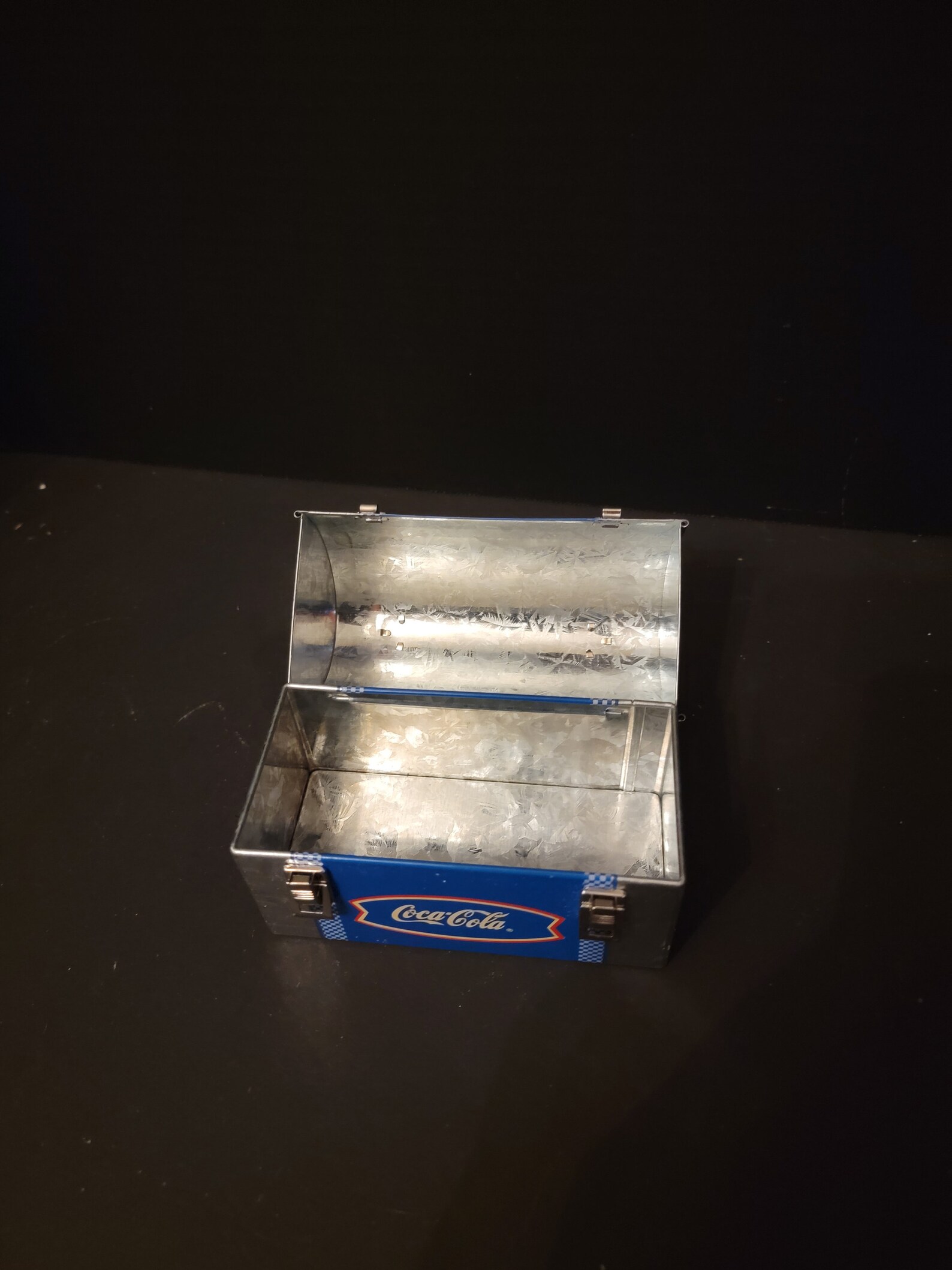 Vintage Coca-cola Mini Tin Lunch Box Blue Handle Metal Latch Closure 4. ...