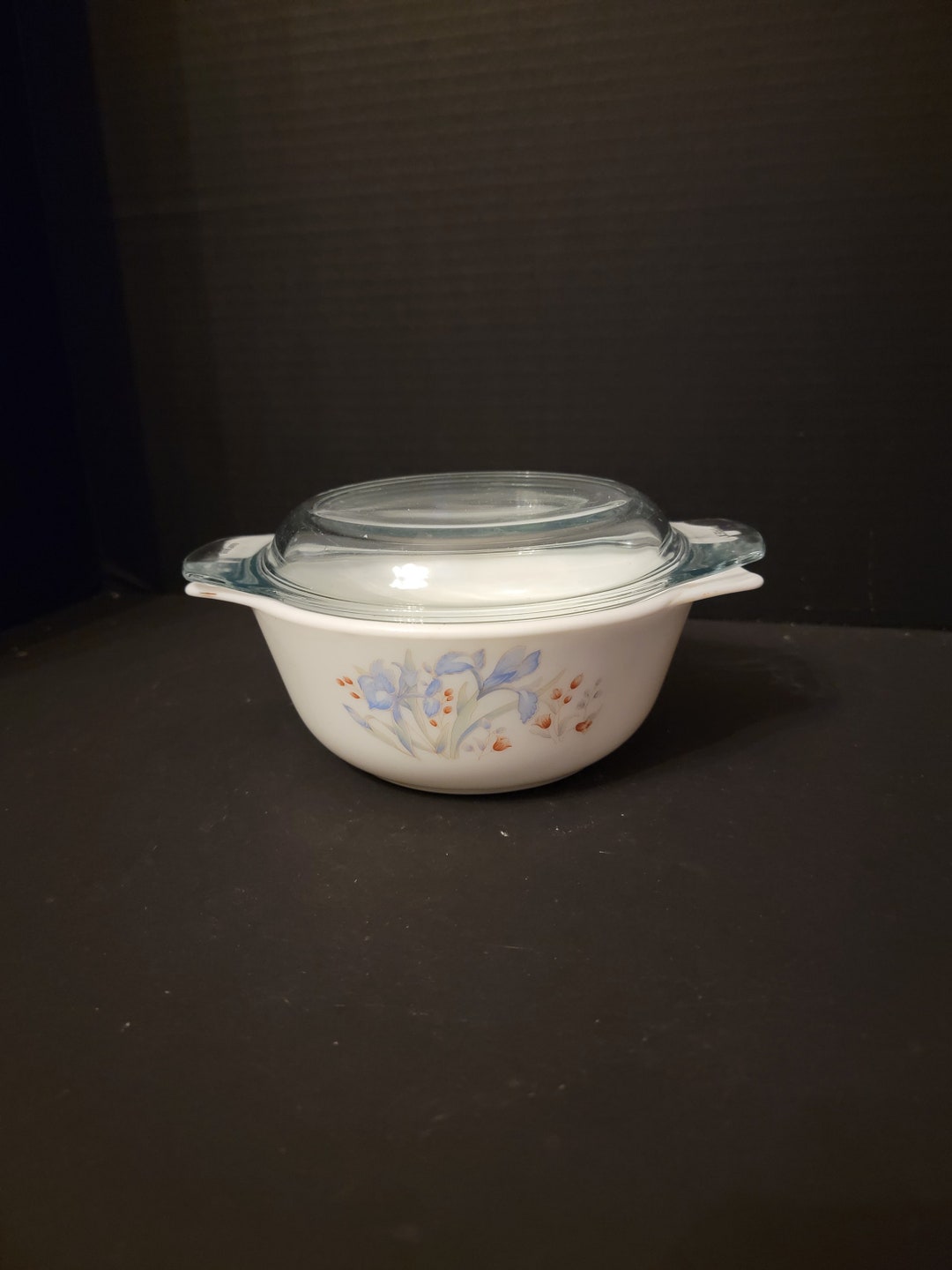 Vintage Pyrex Casserole Dish Blue Iris England Clear Glass Lid 4 Cups ...