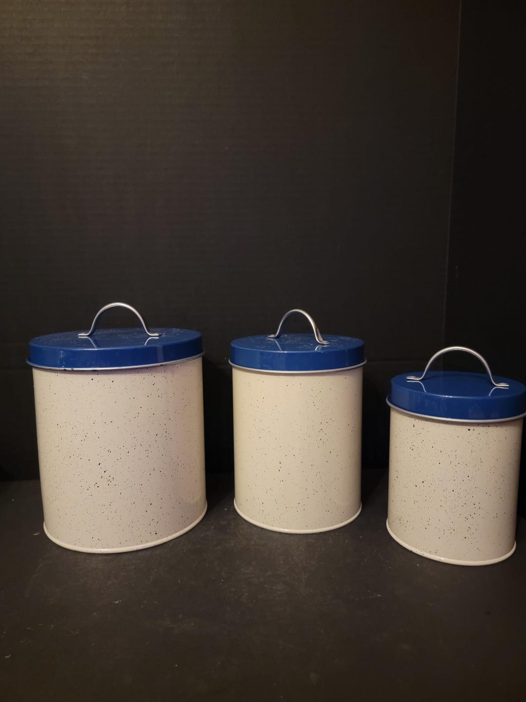 3 Vintage Enamelware Canisters Cream With Blue Speckles Lids Popcorn ...