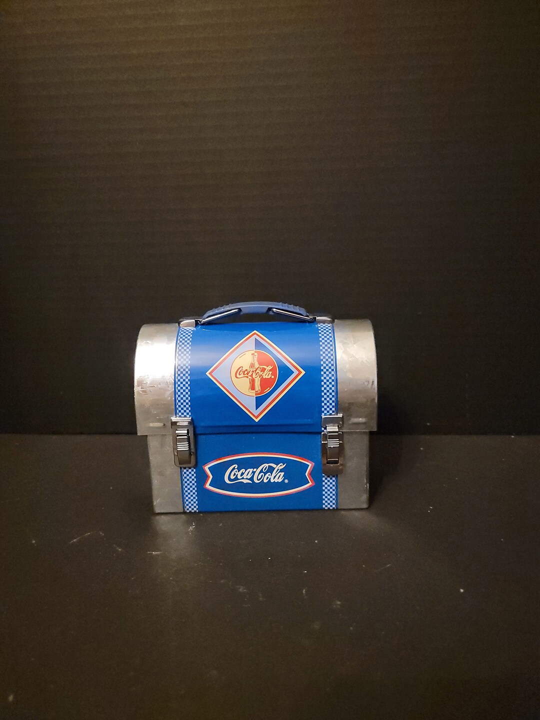 Vintage Coca-cola Mini Tin Lunch Box Blue Handle Metal Latch Closure 4. ...