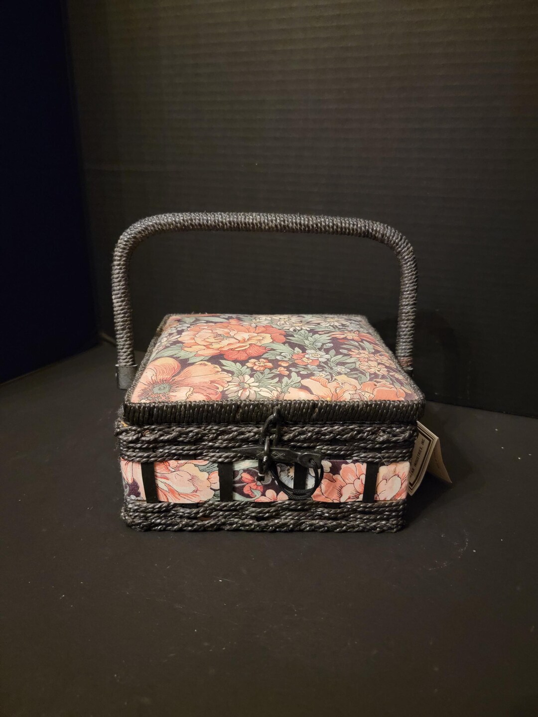 Vintage Azar Sewing Basket Pink Floral Print Wicker W Removable Plastic ...