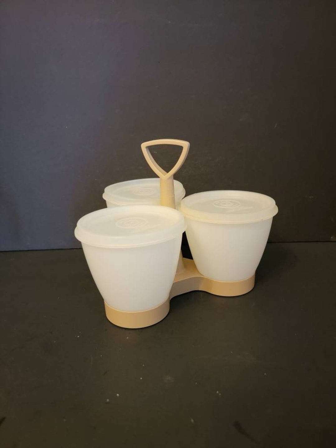 Vintage Tupperware Condiment Caddy 757 Almond Base 3 Clear Cups Lids ...
