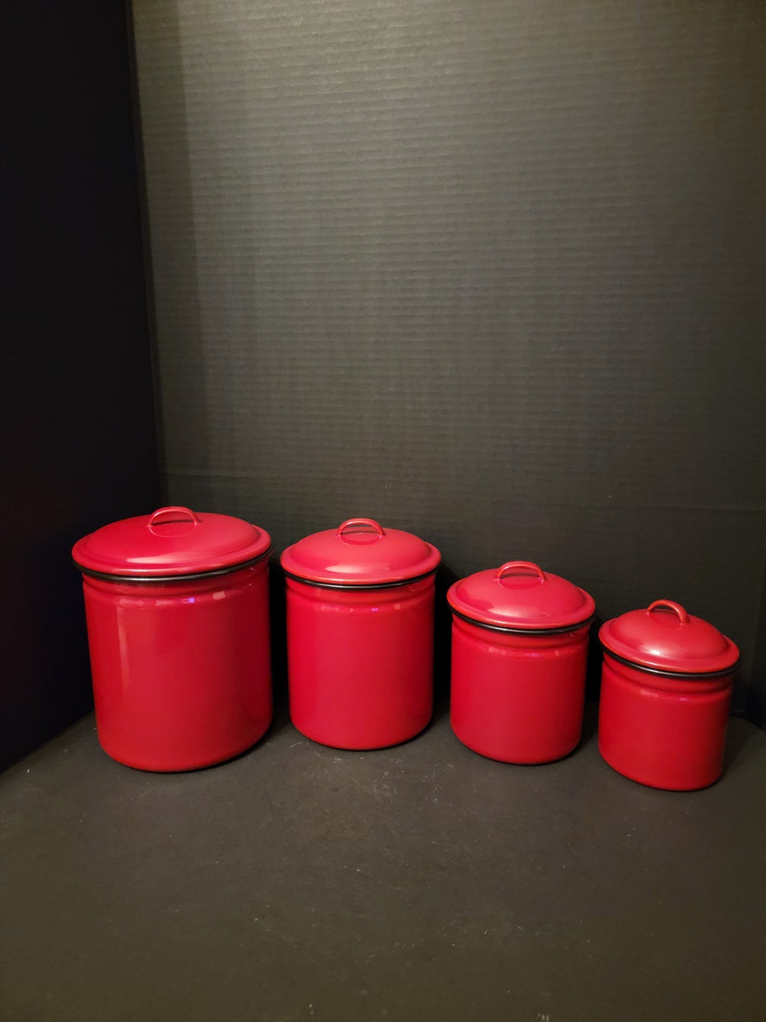 Set of 4 Nesting Canisters W Lids Red Enamel White Inside Black Accents ...
