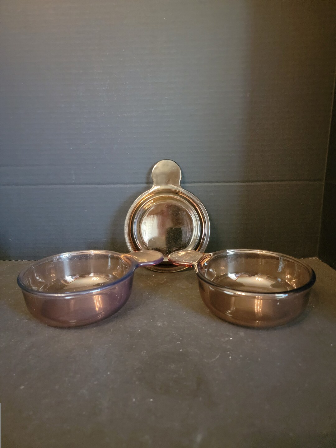 2 Vintage CORNING WARE Visions Grab-it Bowls Amber Tab Handles 1 Glass ...