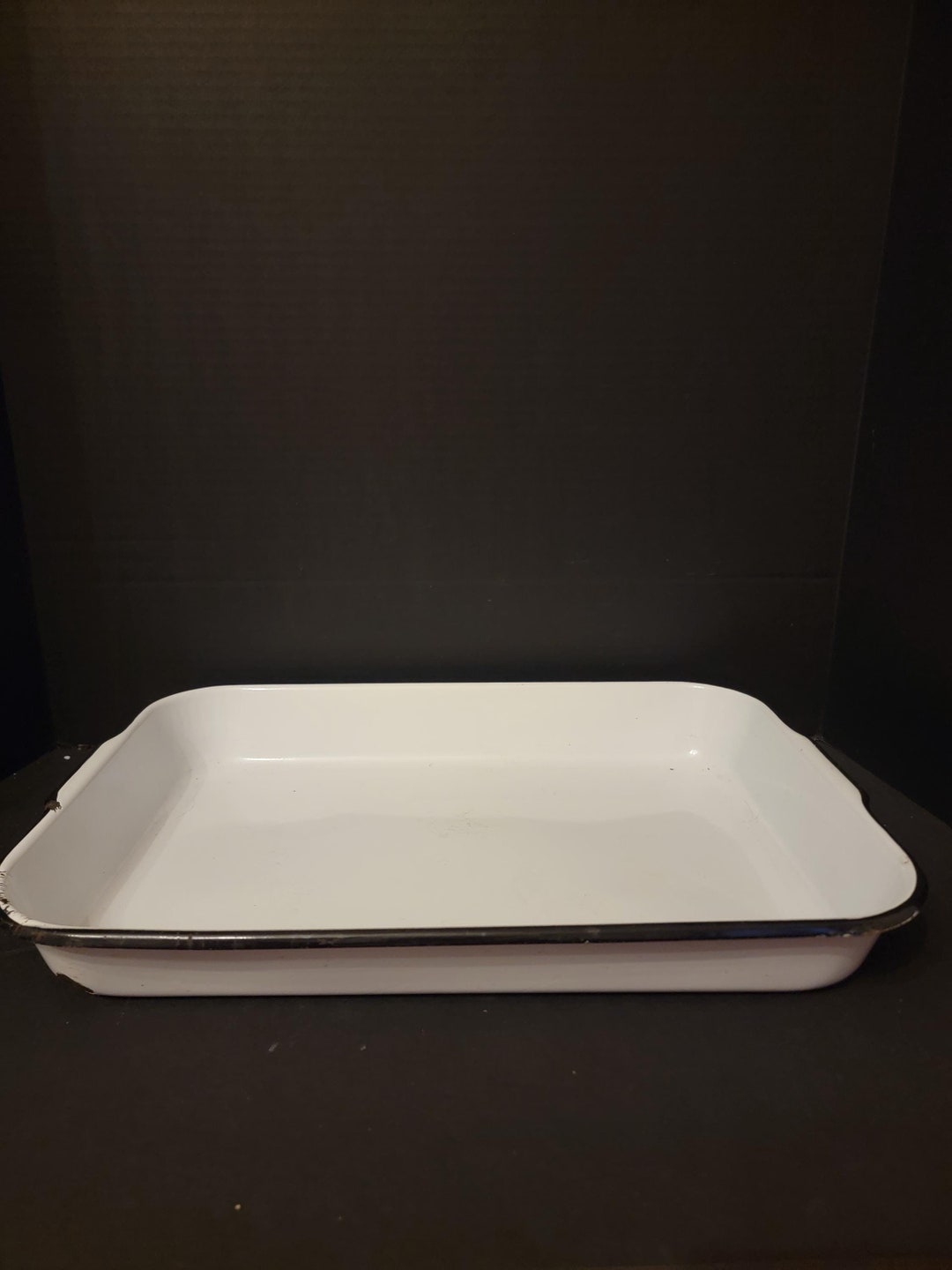 Vintage Large White Enamelware Rectangular Pan Black Trim Porcelain ...
