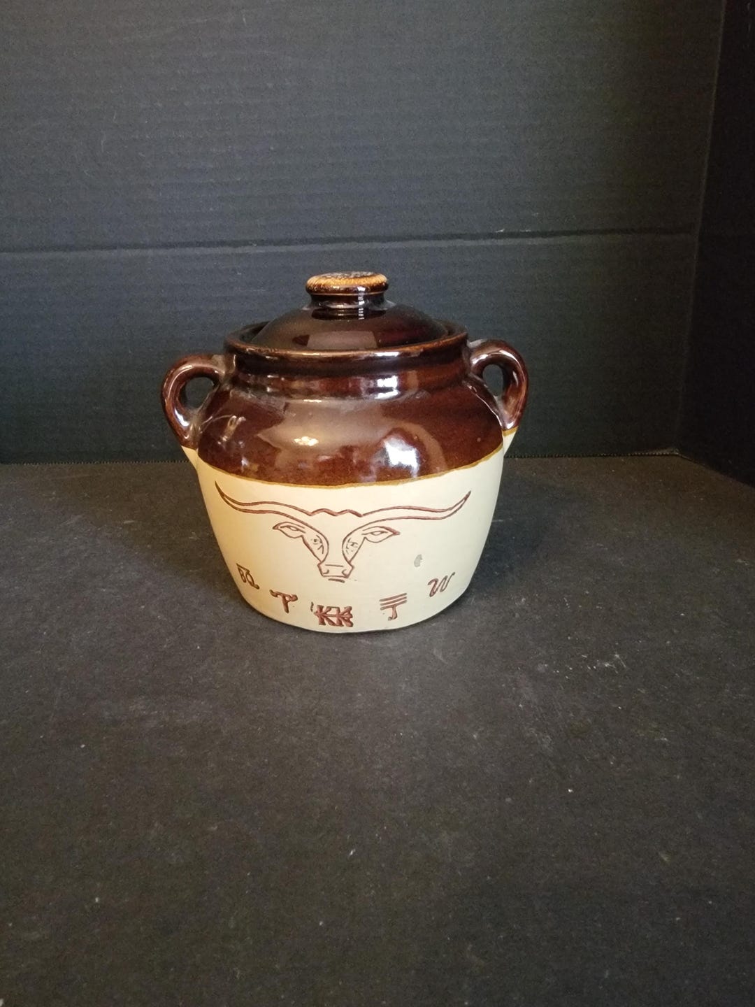 Vintage Monmouth Pottery Bean Crock Texas Longhorn Brands Glazed 16 Oz ...