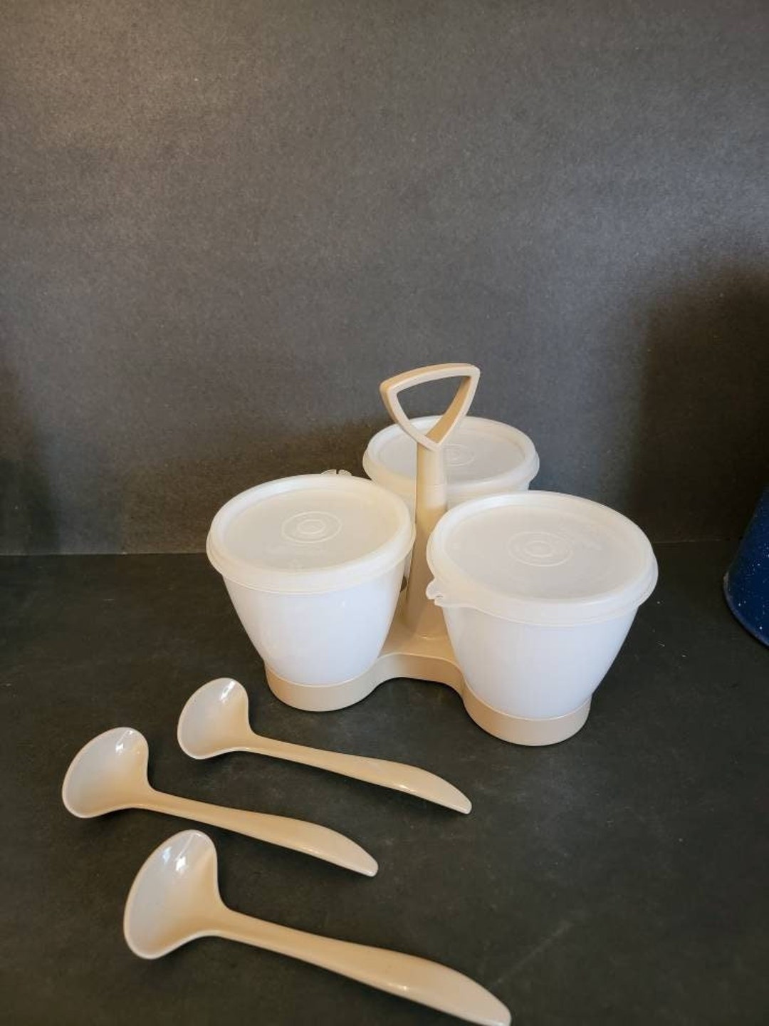 Vintage Tupperware Condiment Caddy #757 Almond Base 3 Serving Spoons ...