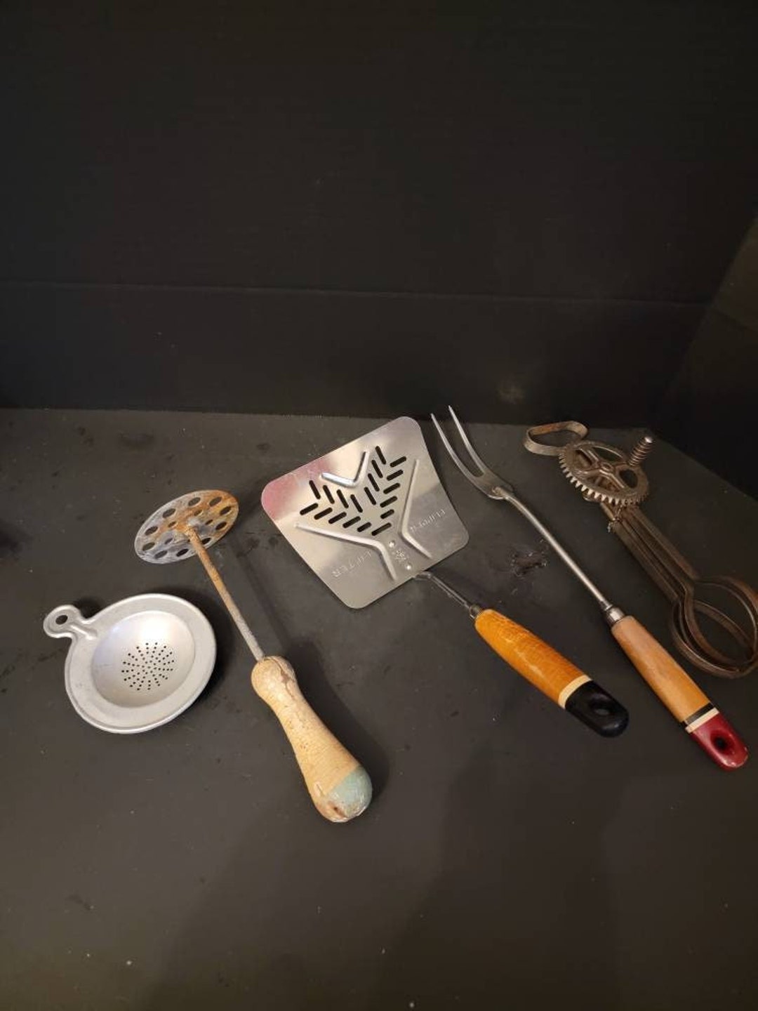 5 Vintage 50's Farmhouse Kitchen Utensils Wooden Handles Rotary Beater ...