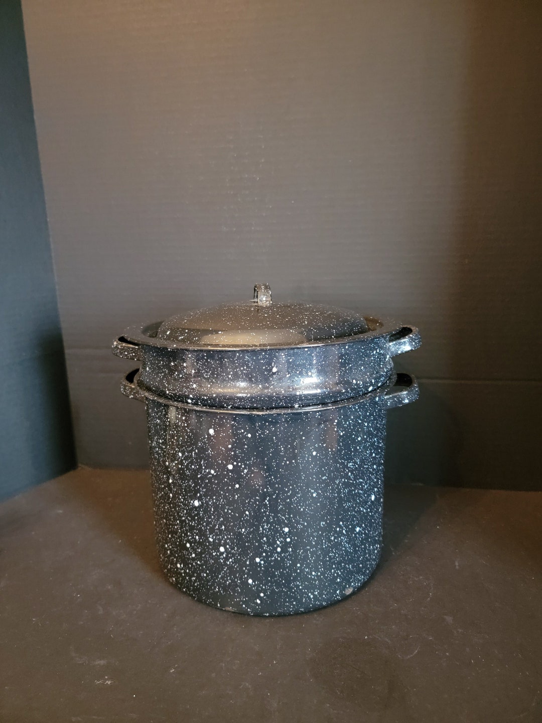 Vintage Enamelware Steamer Stew Pot Blancher Inset Dutch Oven 10" Black ...