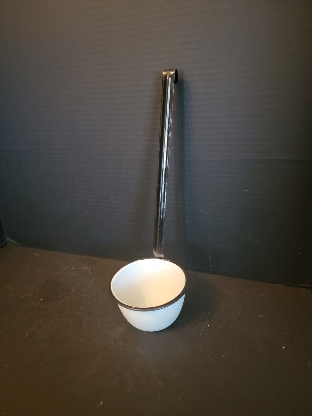 Vintage White Enamelware Dipper Ladle Black Handle Trim Graniteware ...