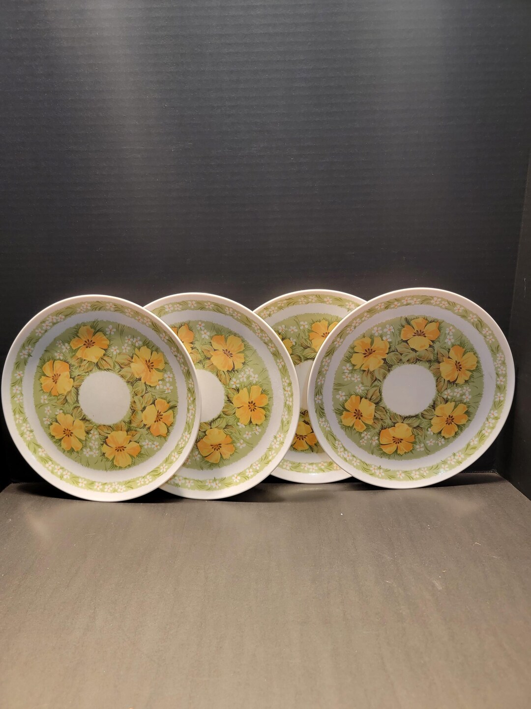 4) Vintage Allied Chemical Melamine Dinner Plates Orange Yellow Flowers ...