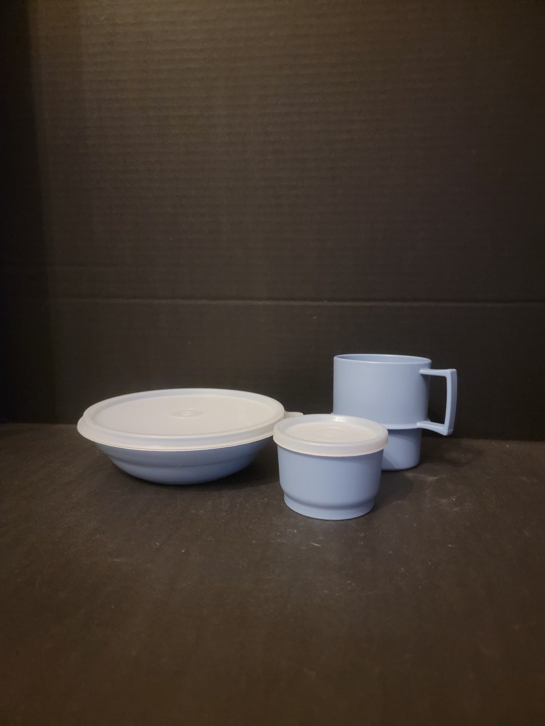Vintage Tupperware Snack Breakfast Lunch Set 8oz Blue Stackable Mug ...