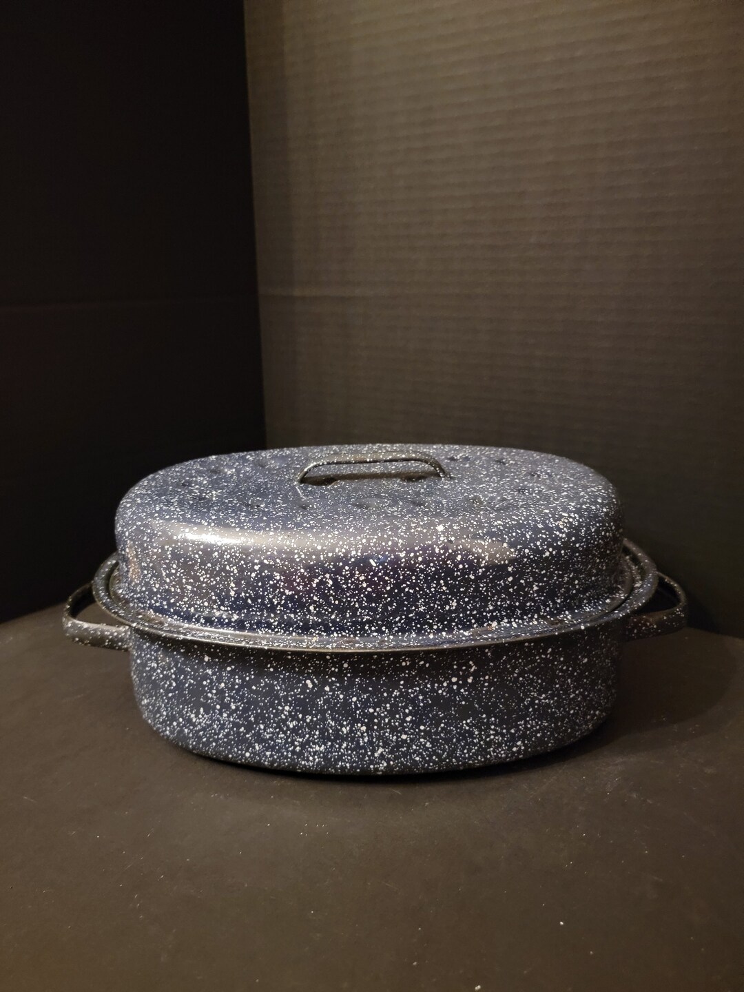 Vintage Enamelware Oval Roaster Oven Blue Gray Speckle Porcelain ...
