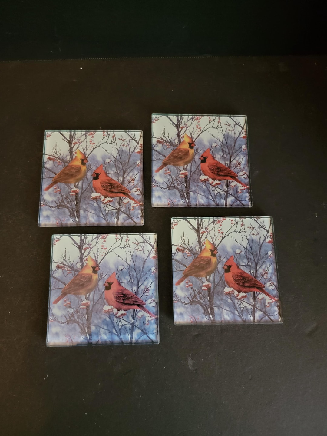 4) Vintage Glass Coasters Male Female Cardinals Red Birds Snow Berries ...