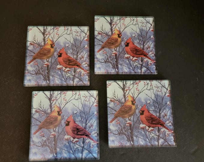 4) Vintage Glass Coasters Male Female Cardinals Red Birds Snow Berries ...