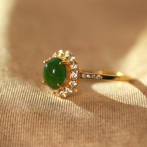Adjustable Gold Jade Ring Vintage Design, Gold Plated Green Gemstone ...